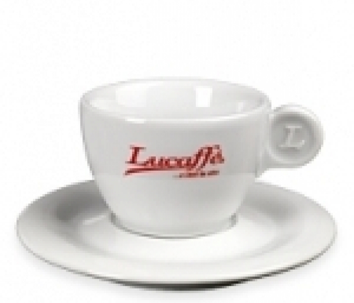 Lucaffe' "Classic" White W/Red Logo Cappuccino Cup & Saucer